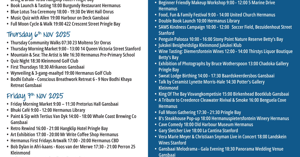 Overstrand Tourism Diary: 5 - 9 November 2025 - Gansbaai Tourism - Xplorio™