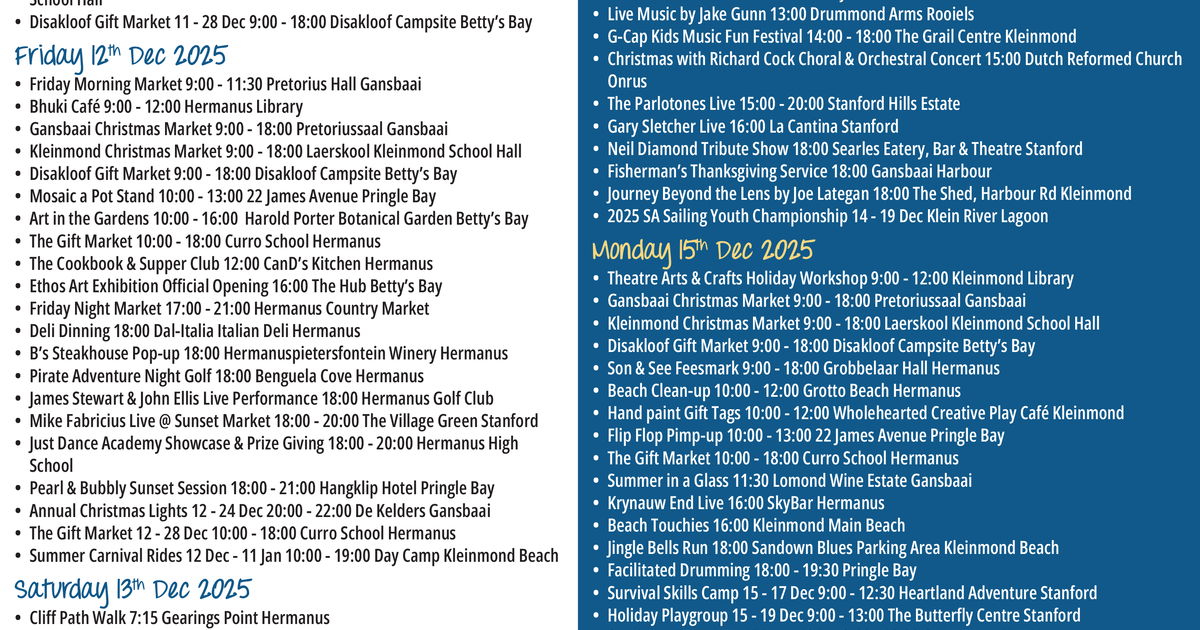 Overstrand Tourism Diary: 10 - 16 December 2025 - Gansbaai Tourism ...